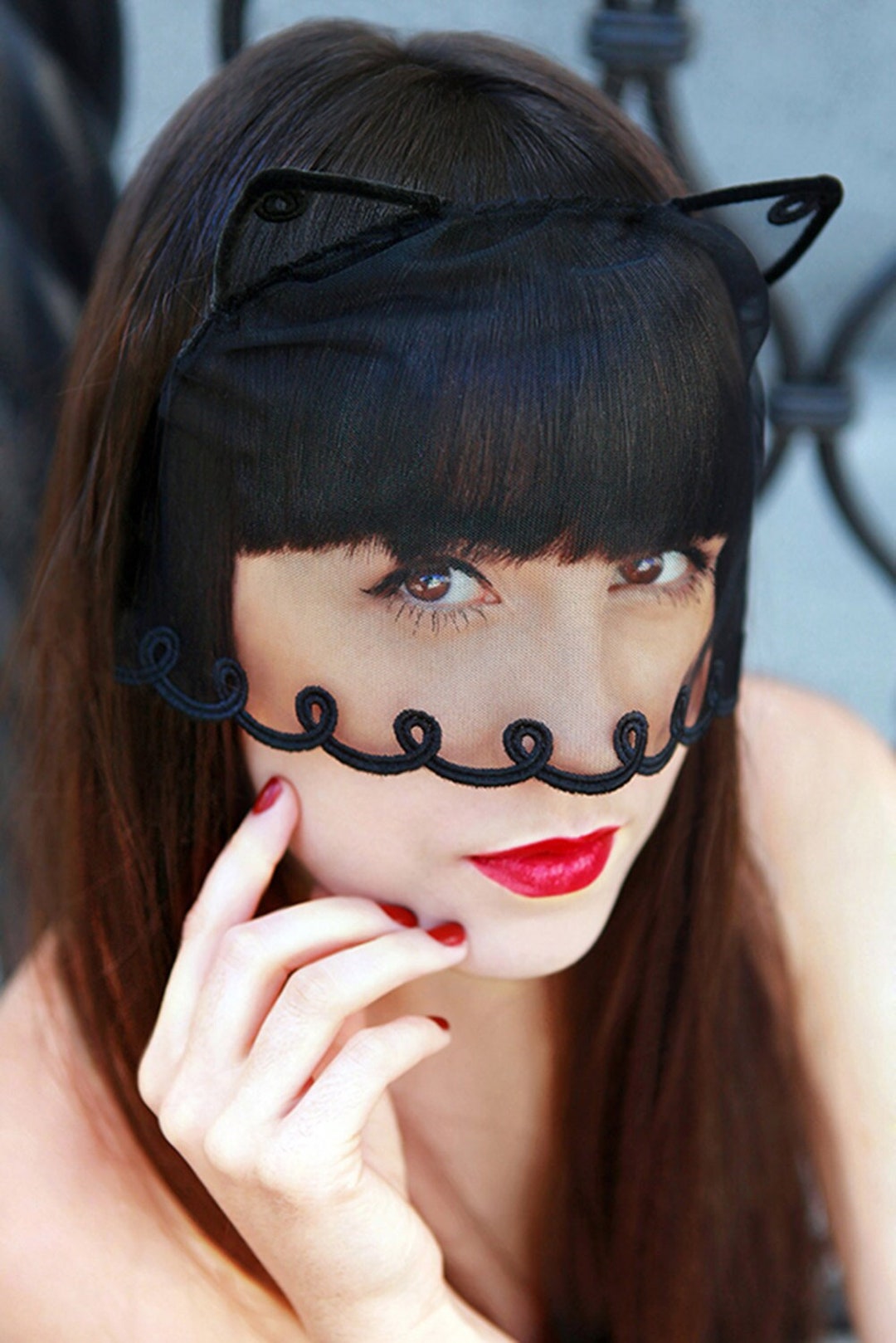 Black Lace Cat Ears Headband With Veil - Handmade Item - Masquerade ...