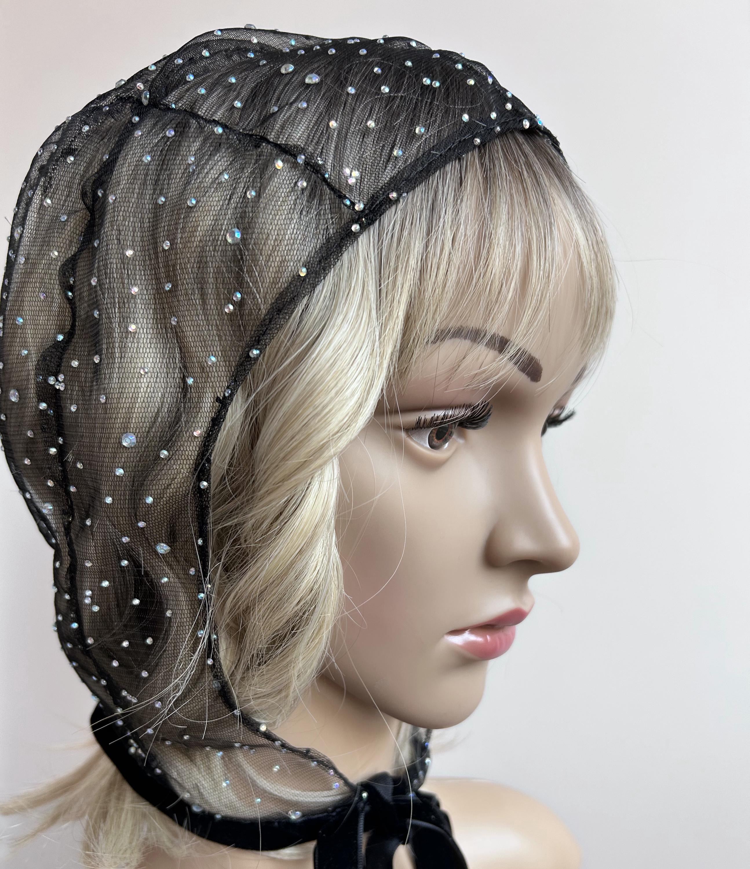 Black Tulle Rhinestone Bonnet: Velvet Bow Tie, Masquerade Carnival Hat ...