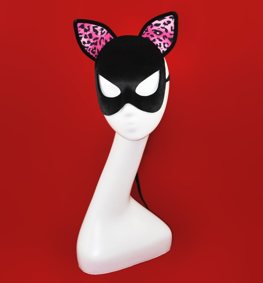 Handmade Velvet Cat Ears Mask: Pink Leopard Print, Masquerade Costume ...
