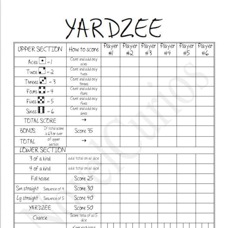 Yardzee Printable - Etsy