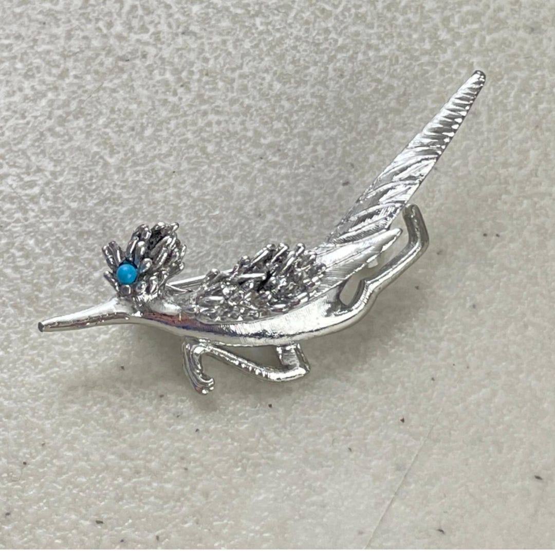 Vintage Roadrunner Brooch 1980s Bird Pin Silver Tone Metal & Acrylic ...