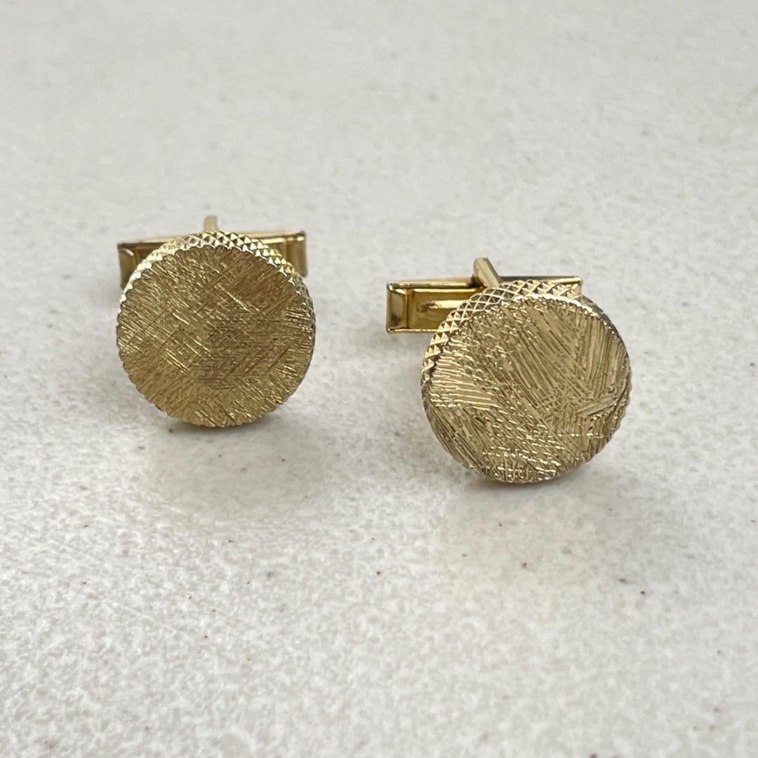 Vintage Gold Tone Metal Cufflinks 1970s Round Etched Edge Classic Cuff ...