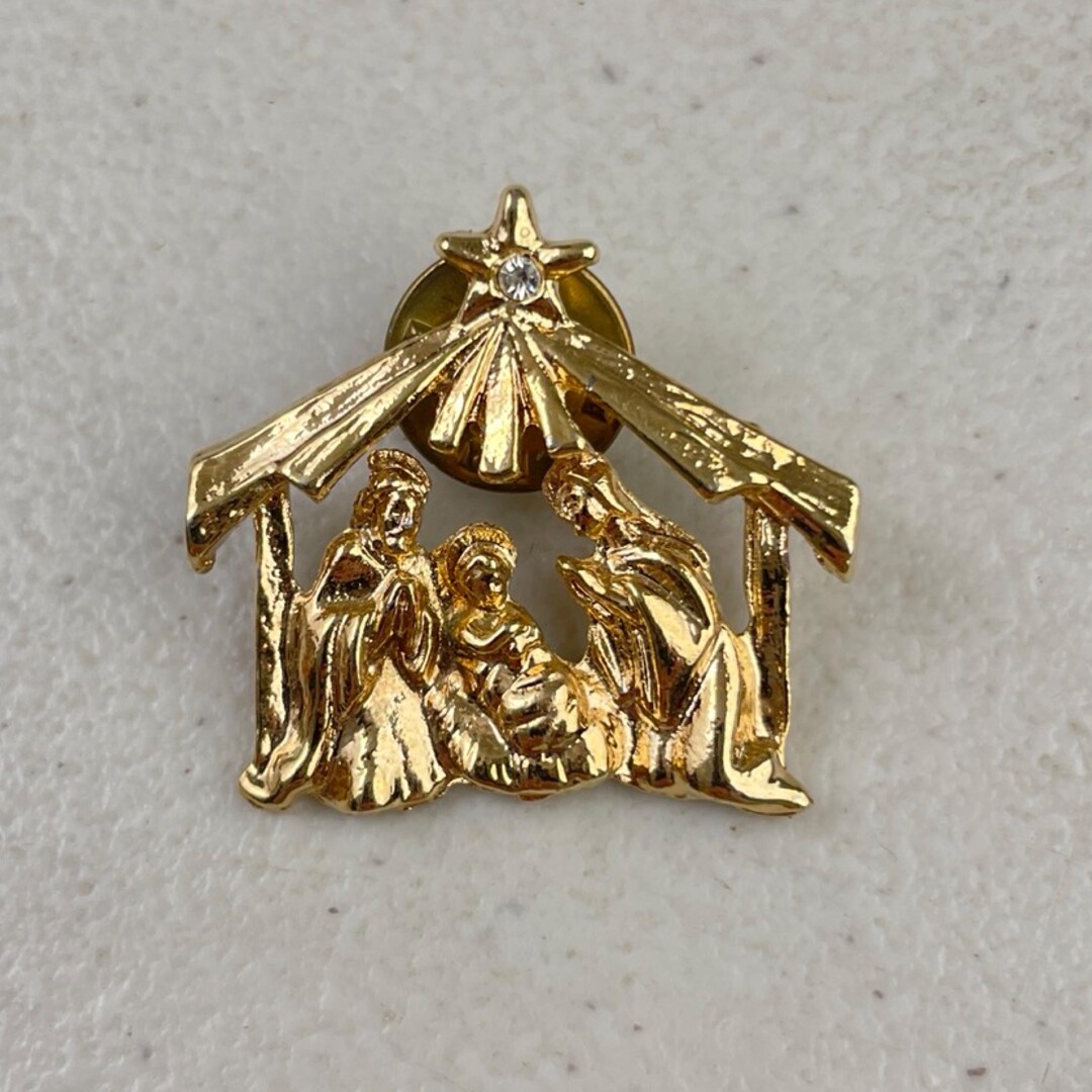 Vintage Nativity Scene Brooch 1980s Gold Tone Metal Rhinestone Star Pin ...