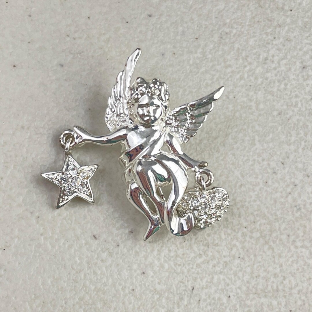 Vintage Cherub Angel Pin 1980s Silver Tone Metal Heart & Star With ...