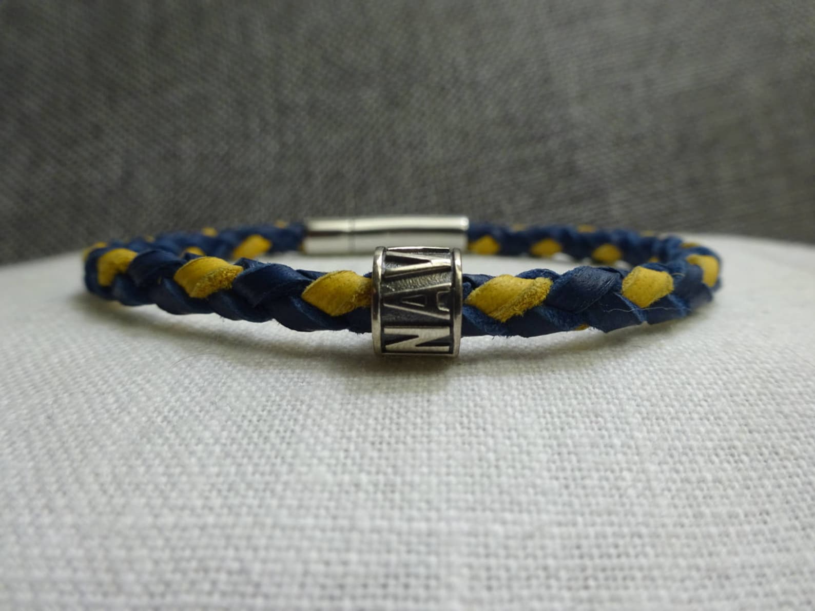 US Navy Blue and Gold Braided Leather Bracelet With a Sterling Silver ...