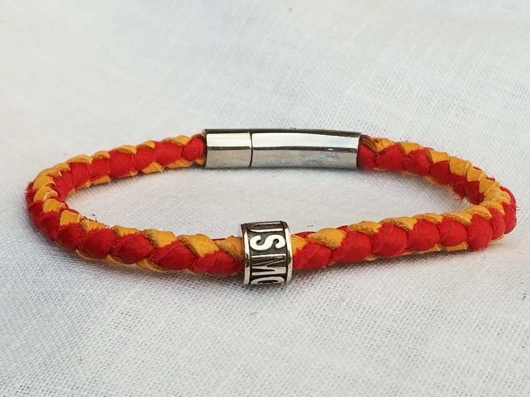 US Marine Corp Red and Gold Braided Leather Bracelet With a Sterling ...