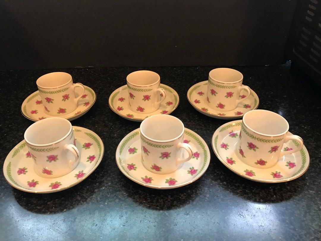 Vintage 6 Piece Demi Tasse Set Gold Trim Pink Fushia Roses Green Fern ...