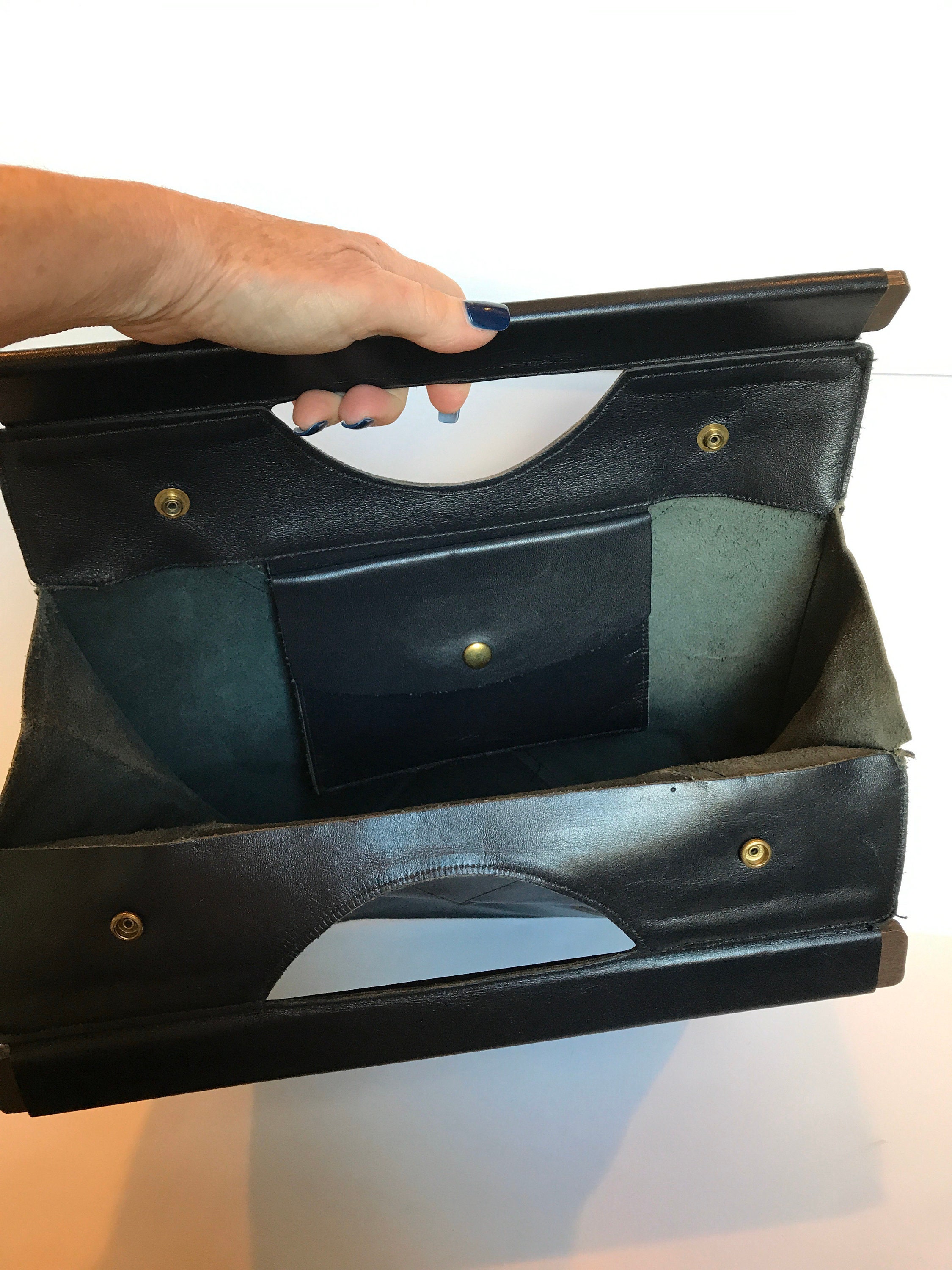 Vintage Black Leather Purse Rectangle Shape Wooden Handles | Etsy