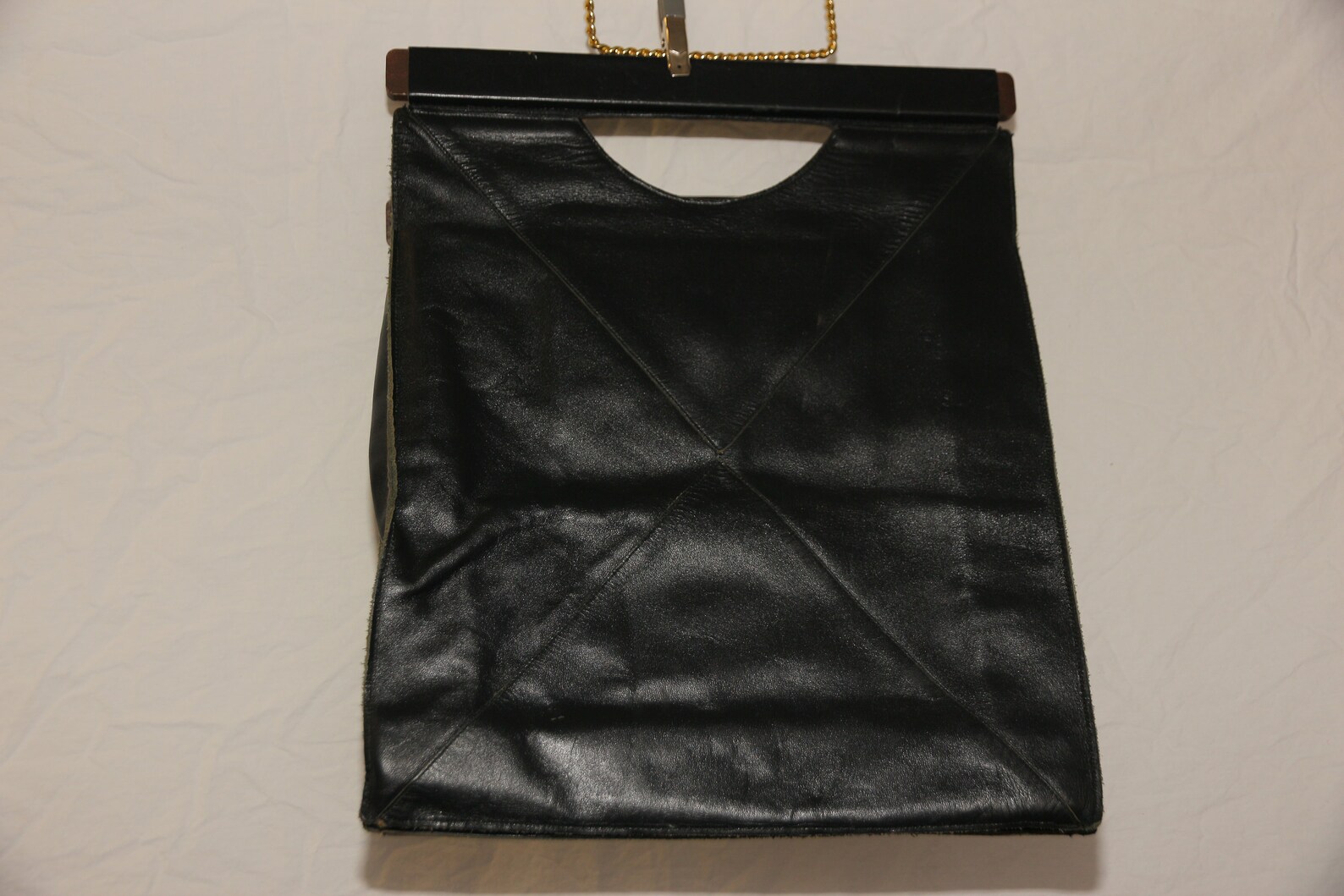 Vintage Black Leather Purse Rectangle Shape Wooden Handles | Etsy