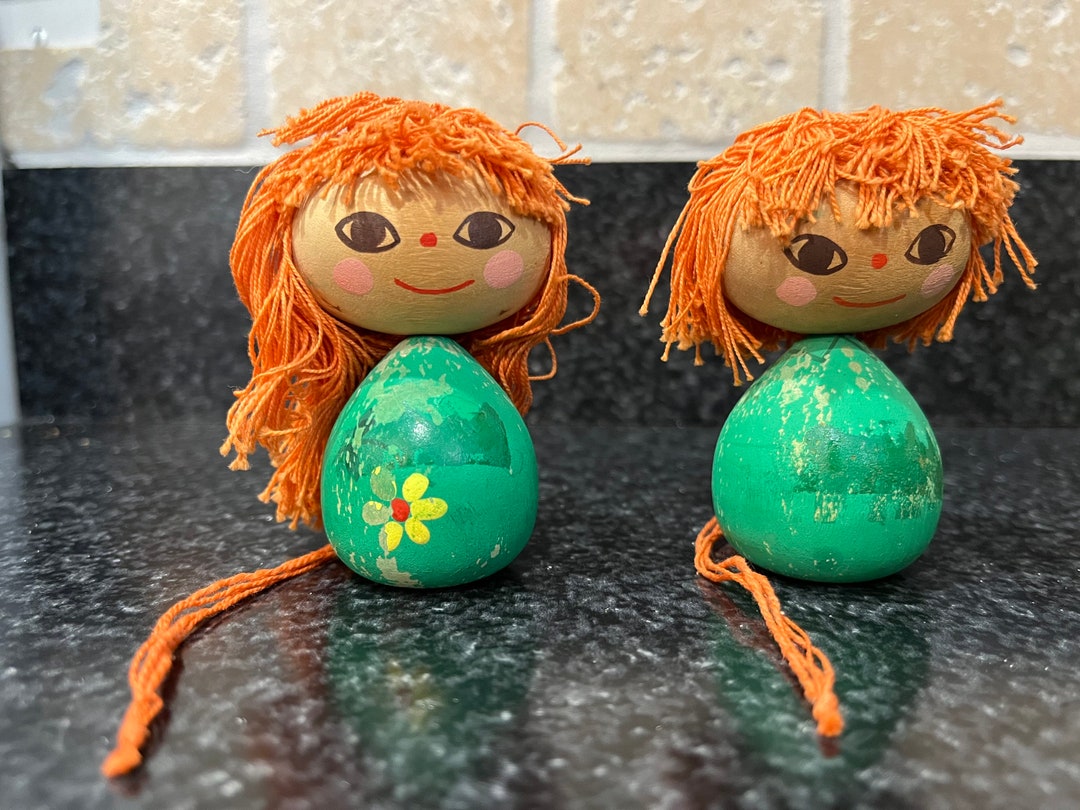 Vtg 1960 Pair of Handmade Wooden Mice With Orange Thread Hair Orange ...