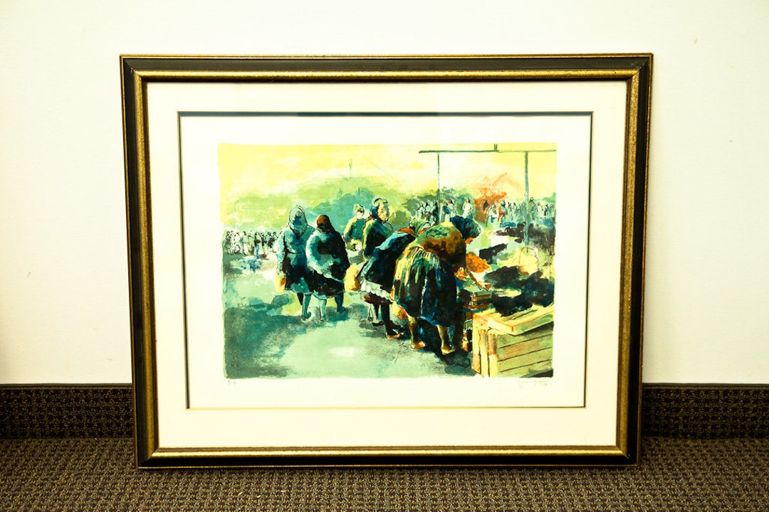 Vintage Original Color Lithograph market Scene Artist Proof Victor Viko ...