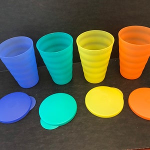 Vintage Set of 4 Tupperware Ribbed Tumblers & Lids NWOT Blue Turquoise ...