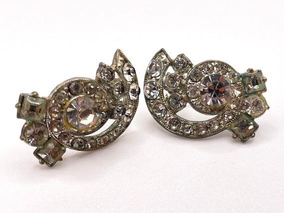 Vintage 1940's Silver With Unique Shape Rhinestone Ea… - Gem