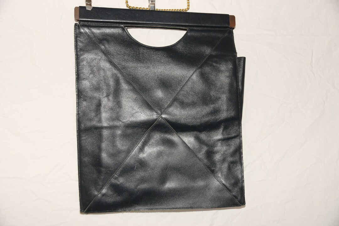 Vintage Black Leather Purse Rectangle Shape Wooden Handles 1970's ...