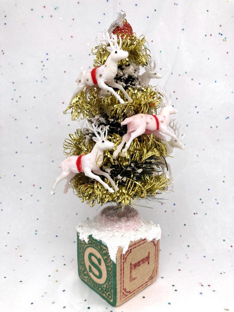 Bottle Brush Tree and Reindeer on Vintage Alphabet Block Vignette Put ...