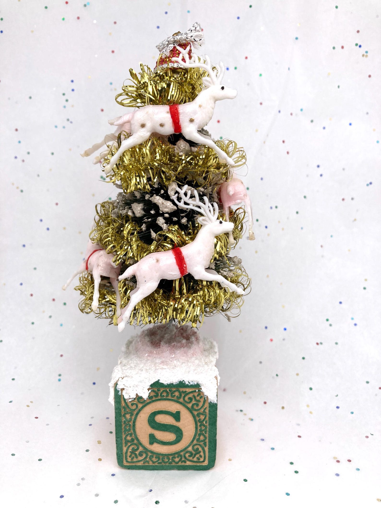 Bottle Brush Tree and Reindeer on Vintage Alphabet Block Vignette Put ...
