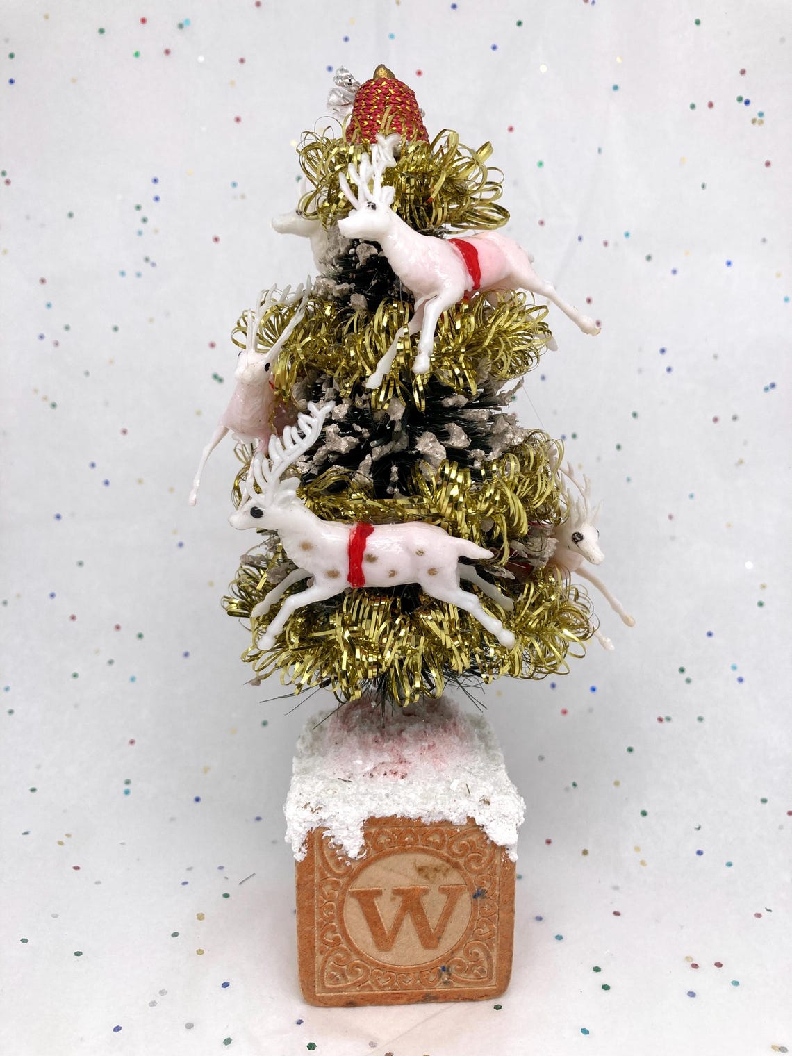Bottle Brush Tree and Reindeer on Vintage Alphabet Block Vignette Put ...