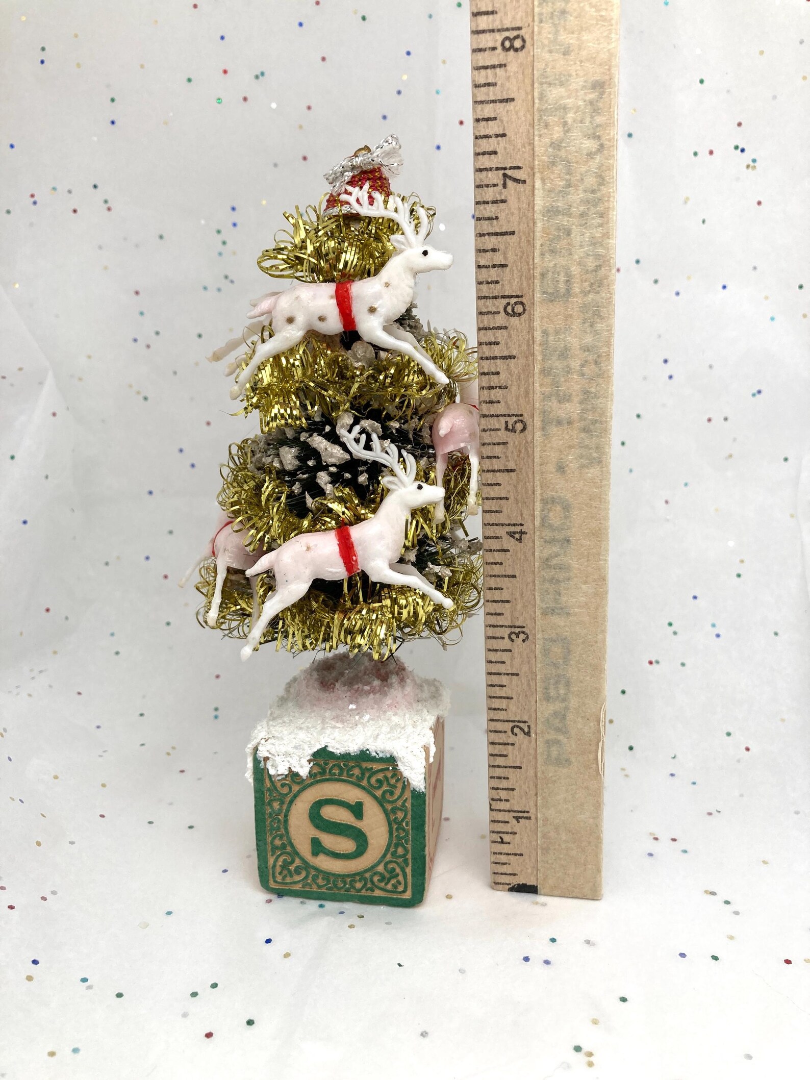Bottle Brush Tree and Reindeer on Vintage Alphabet Block Vignette Put ...