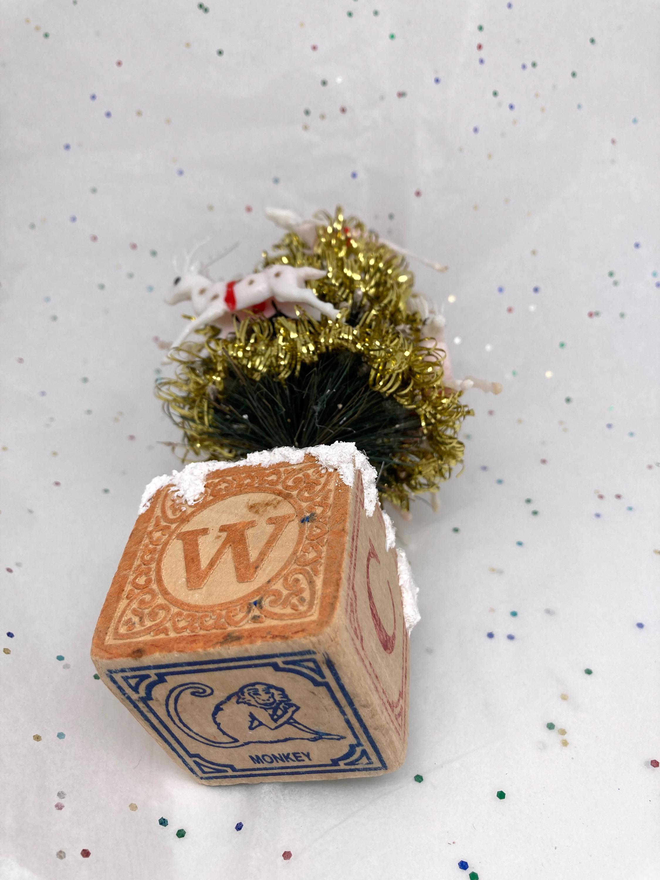 Bottle Brush Tree and Reindeer on Vintage Alphabet Block Vignette Put ...