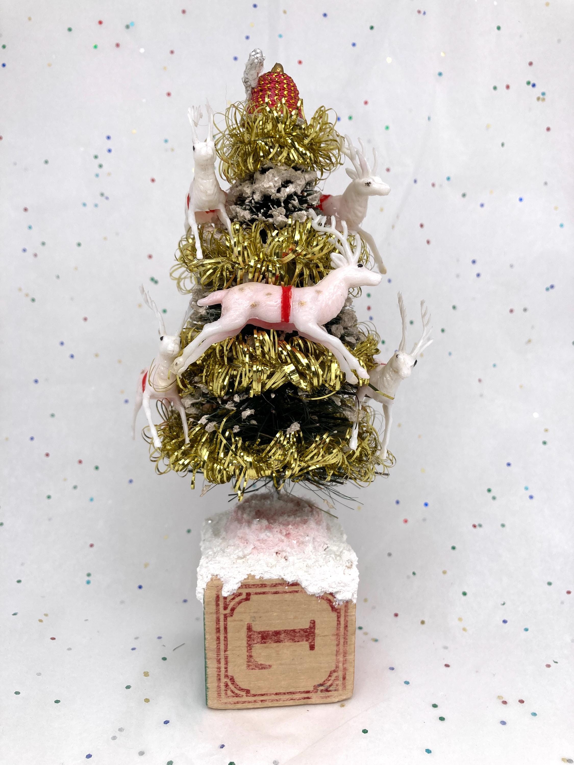 Bottle Brush Tree and Reindeer on Vintage Alphabet Block Vignette Put ...