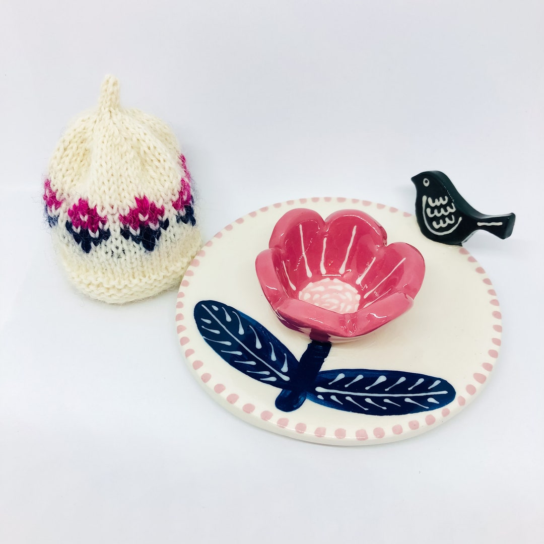Handmade Ceramic Flower and Bird Egg Cup With Hand Knitted Egg Cosy ...