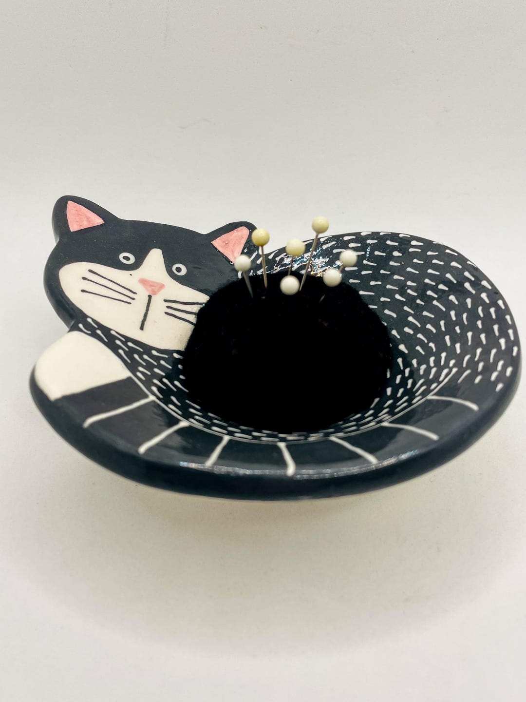Handmade Ceramic Pin Cushion: Black Cat & Wool - Etsy