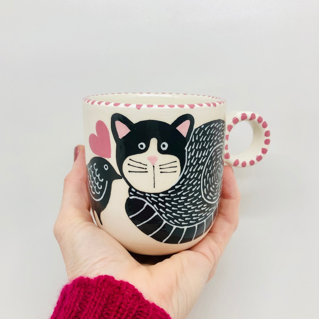 Handmade Ceramic Mug: Hand-painted Cat and Bird, Handcrafted Pottery - Etsy