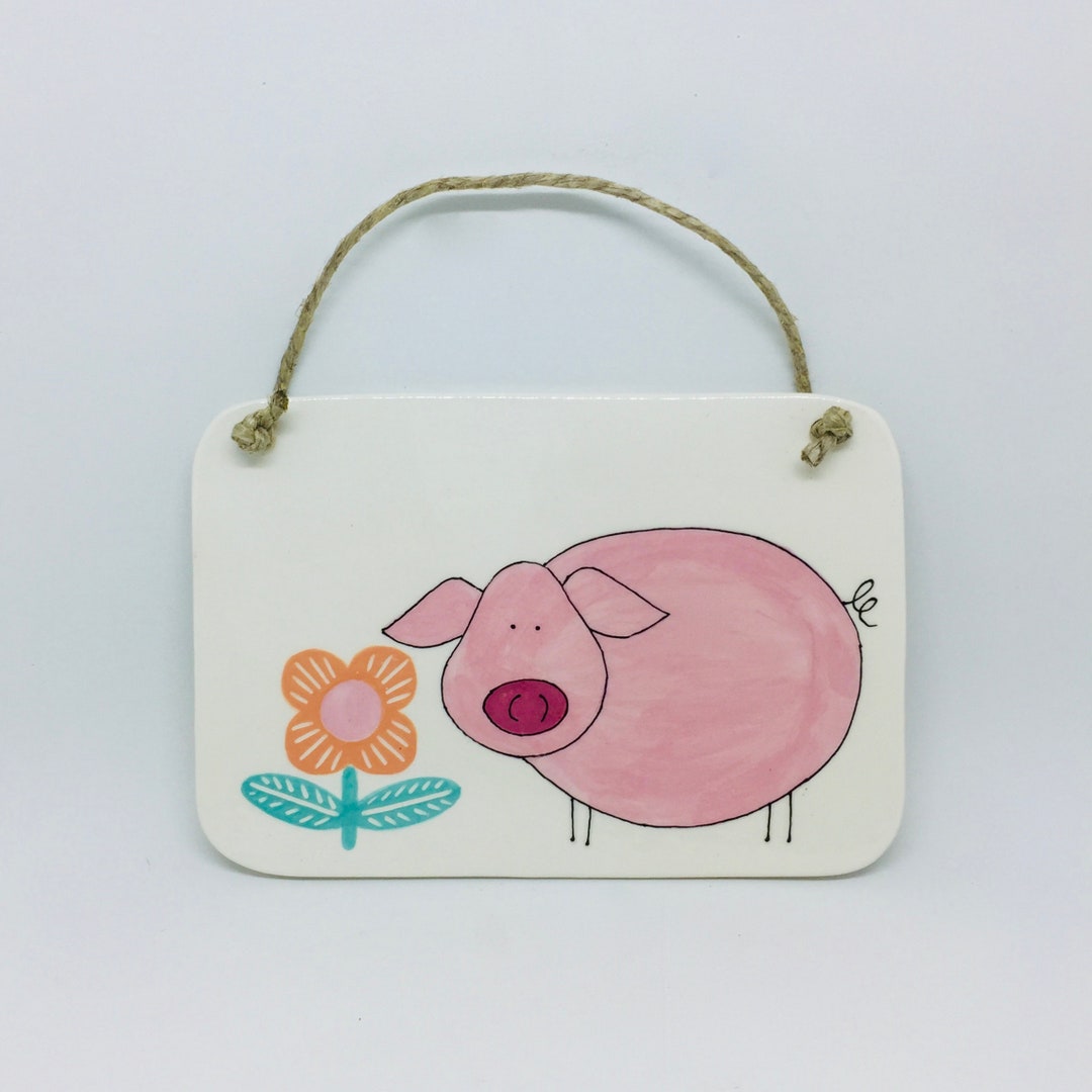 Handmade Ceramic Wall Hanging Tile Hand Painted With a Pig and a Flower ...