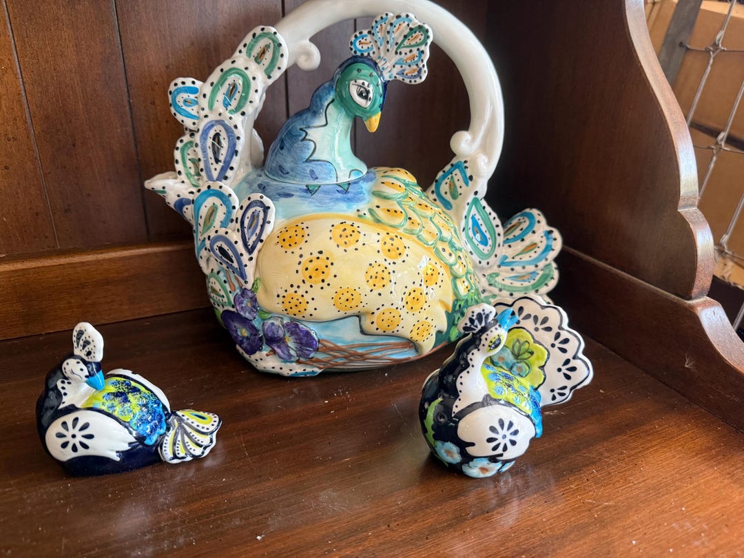 Peacock Pitcher and Matching Salt and Pepper by Blue Sky Ceramics - Etsy