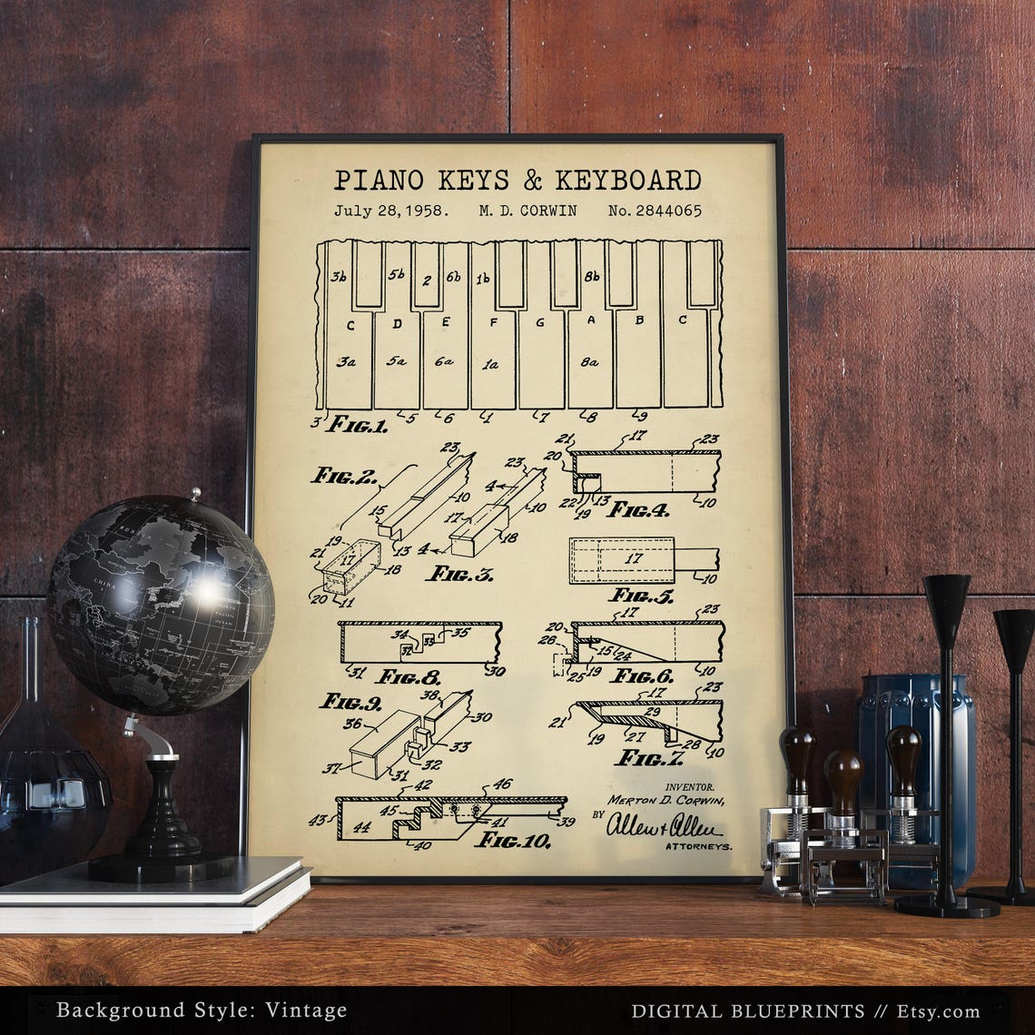 Piano Keys and Keyboard Patent Prints, Piano Keyboard Blueprint, Piano ...