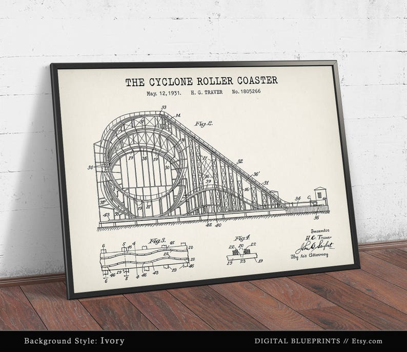 The Cyclone Roller Coaster Blueprint Art Roller Coaster - Etsy