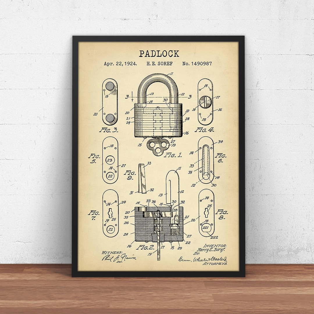 Padlock 1924 Patent Print, Master Lock, Padlock Blueprint, Locksmith ...