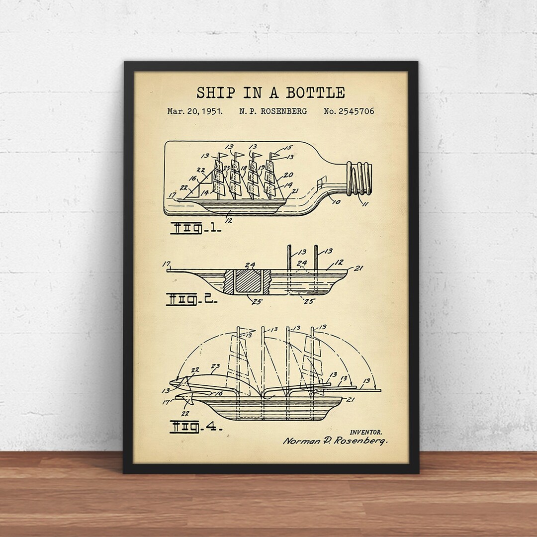 Ship in a Bottle Patent Print, Impossible Bottle Blueprint, Nautical ...