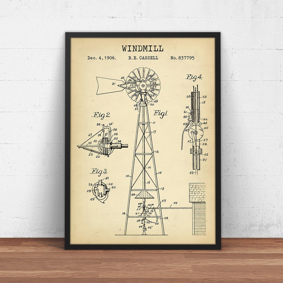 Windmill Patent Print, Antique Windmill Blueprint, Farm Wall Art ...