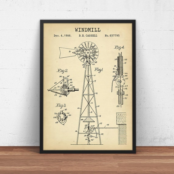 Windmill Patent Print Antique Windmill Blueprint Farm Wall | Etsy