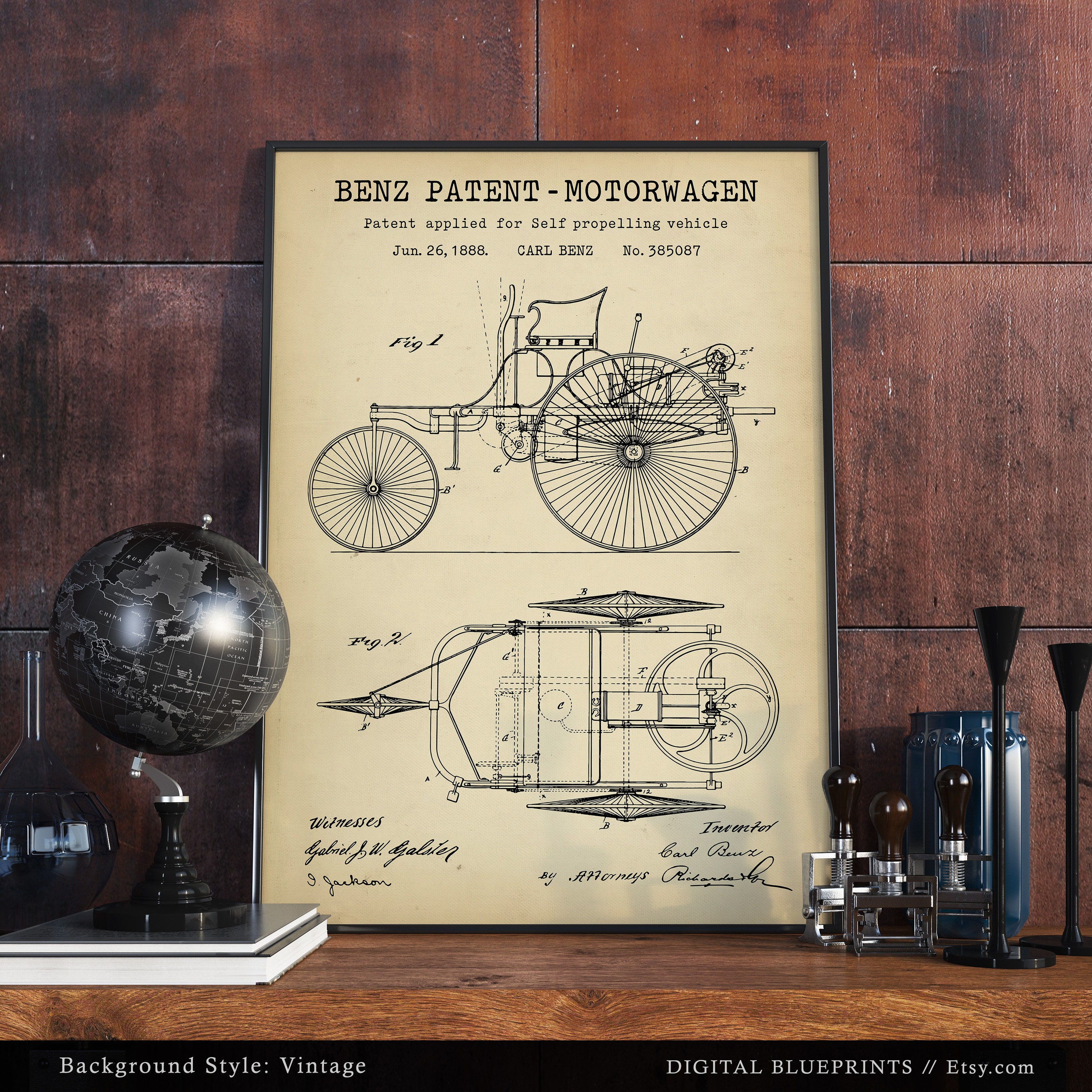 Mercedes Benz Patent Print, 1888 Benz Patent-motorwagen, First ...