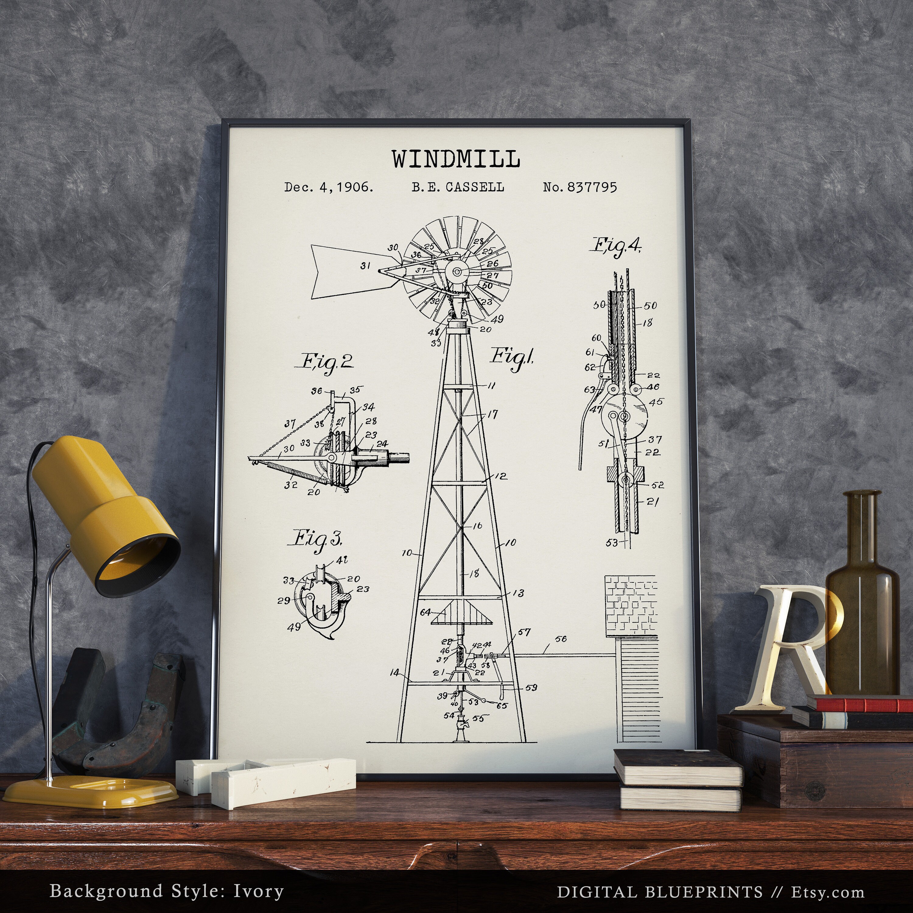 Windmill Patent Print Antique Windmill Blueprint Farm Wall | Etsy