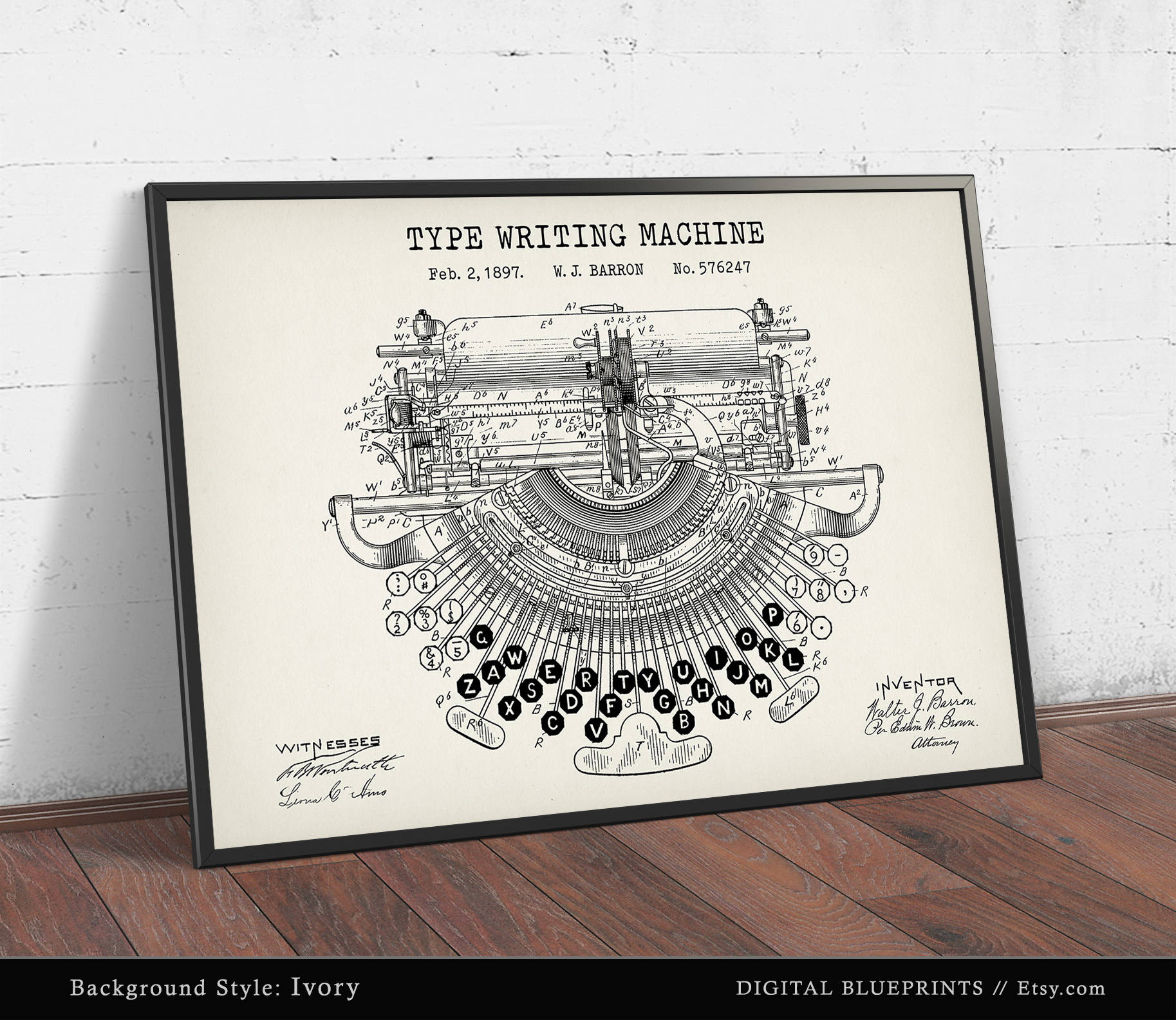 Type Writing Machine 1897 Patent Print, Gift for Writers and ...