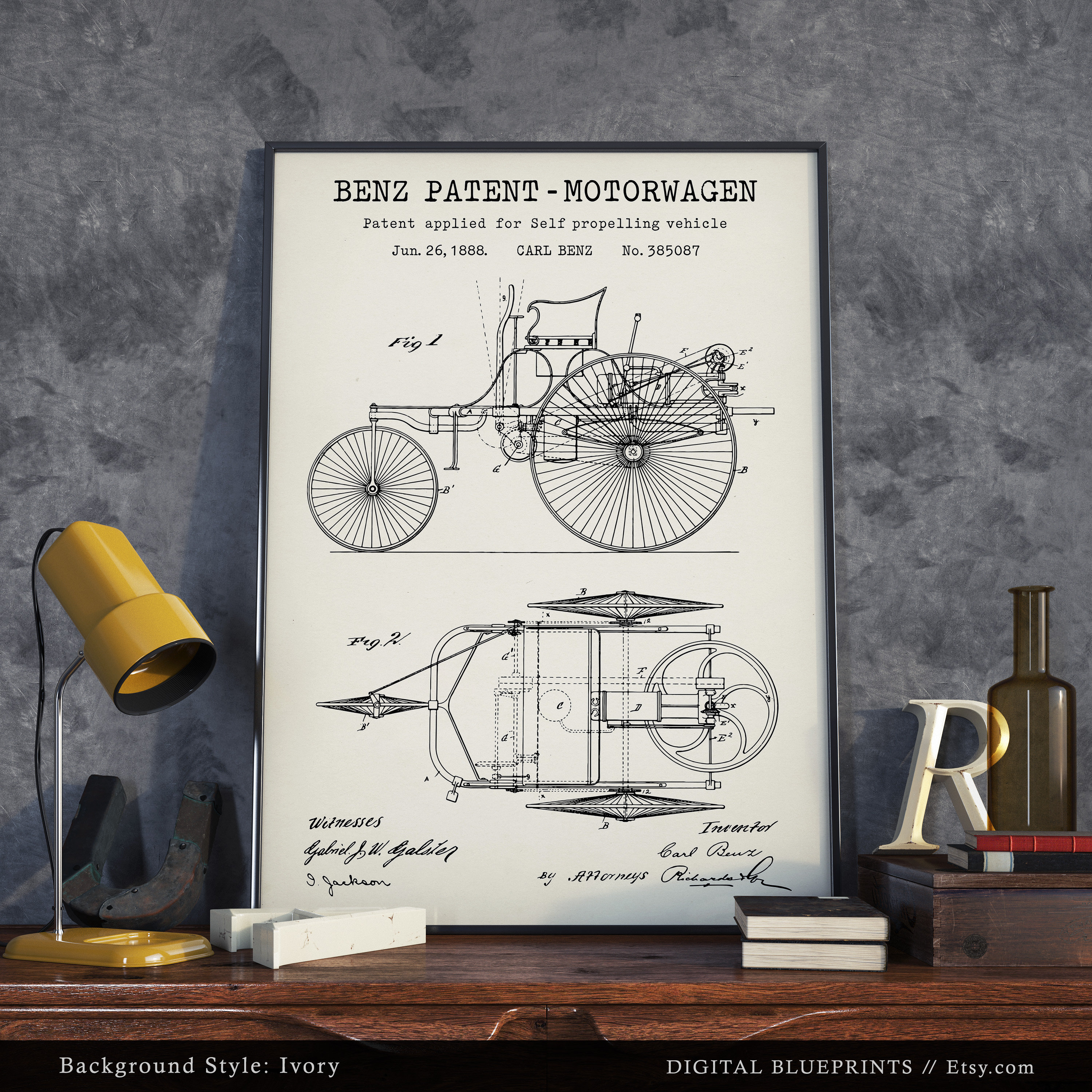 Mercedes Benz Patent Print, 1888 Benz Patent-motorwagen, First ...