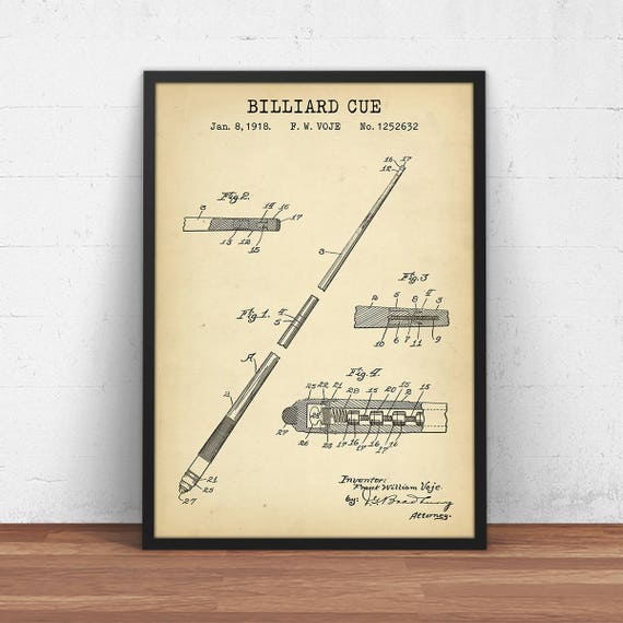 Billiard Cue Blueprint Art Patent Prints Cue Design Pool | Etsy