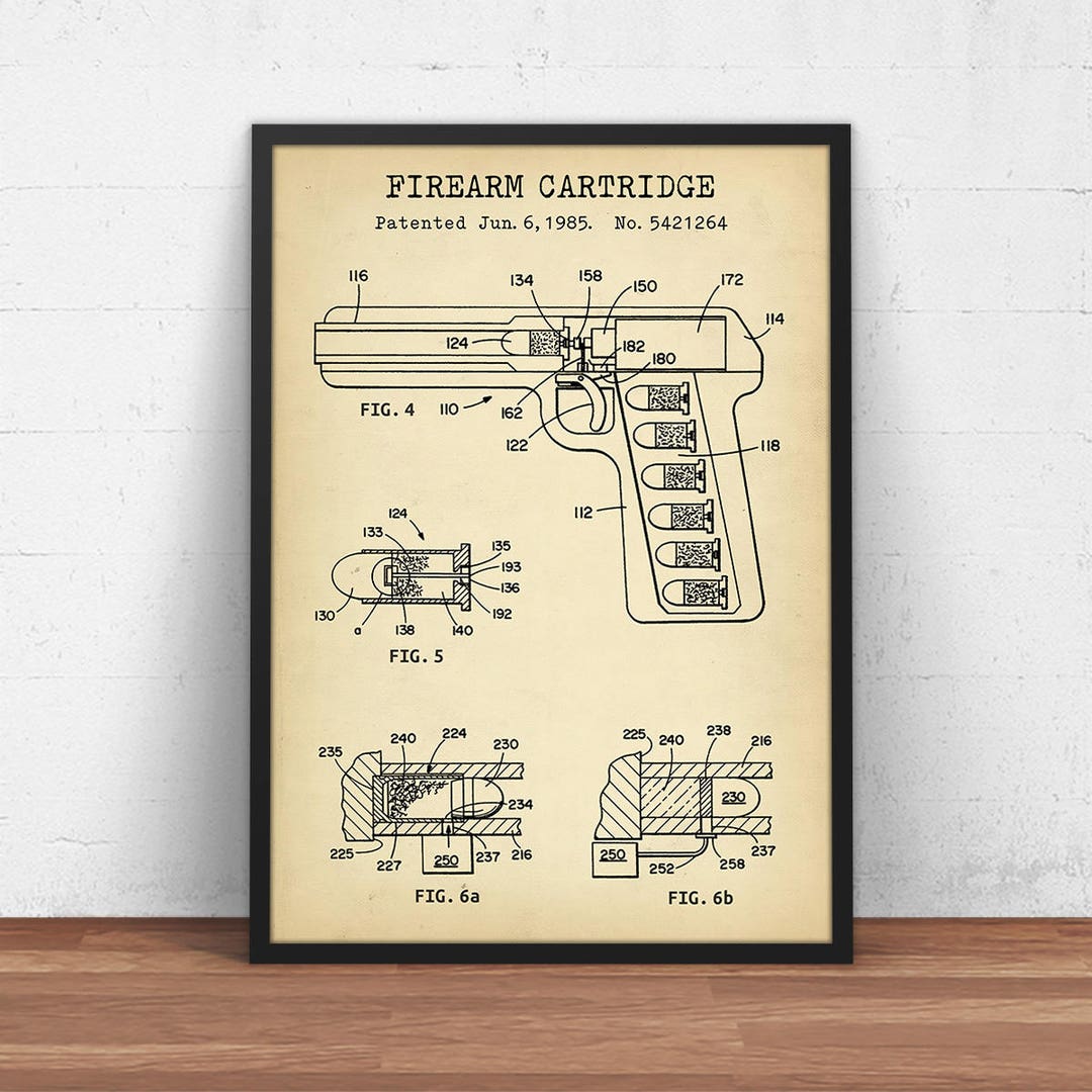 Gun Patent Print, 1985 Firearm Cartridge Blueprint Art, Gun Shop Decor ...