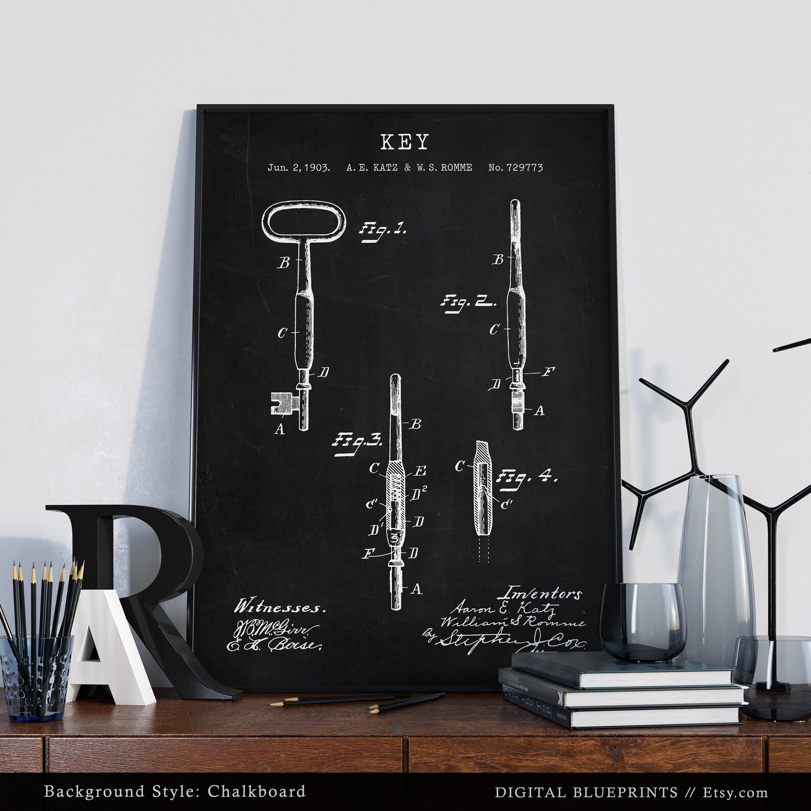 Key Patent Print, Vintage Skeleton Key Blueprint Art, Master Lock ...