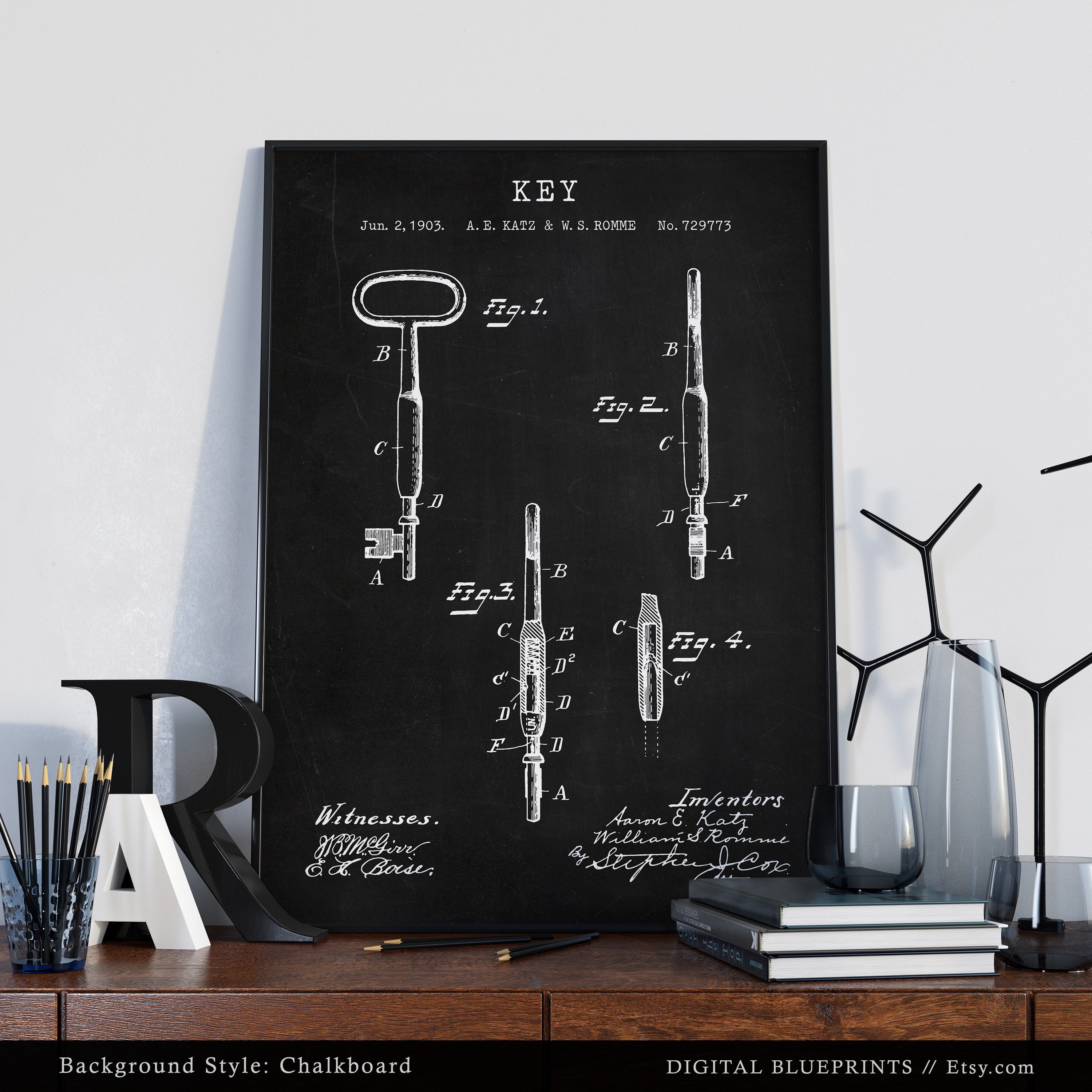 Key Patent Print, Vintage Skeleton Key Blueprint Art, Master Lock ...