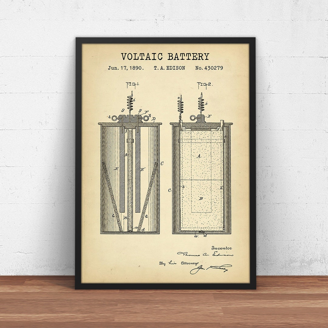 Battery Blueprint, Thomas Edison Voltaic Battery Patent Print, Battery ...