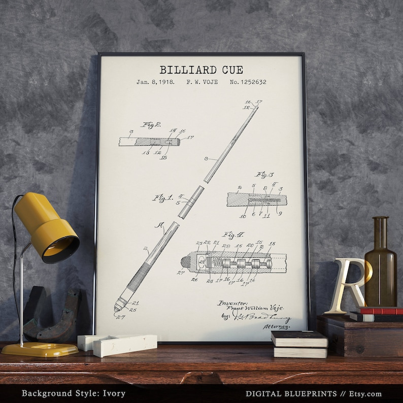 Billiard Cue Blueprint Art Patent Prints Cue Design Pool | Etsy