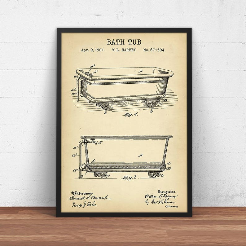 Bathroom Prints Bath Tub Patent Poster Bathroom Prints | Etsy