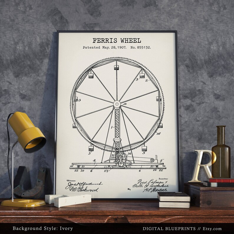 Ferris Wheel Patent Print, Roundabout Blueprint Art, Carnival Ride ...