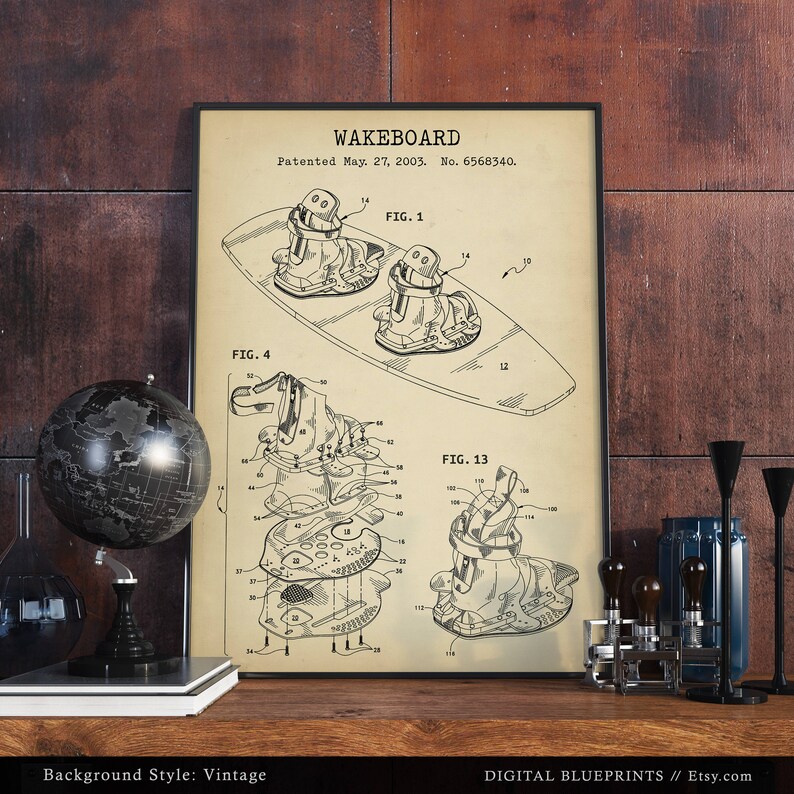 Wakeboard Blueprint Art Patent Prints Wakeboarding Poster - Etsy