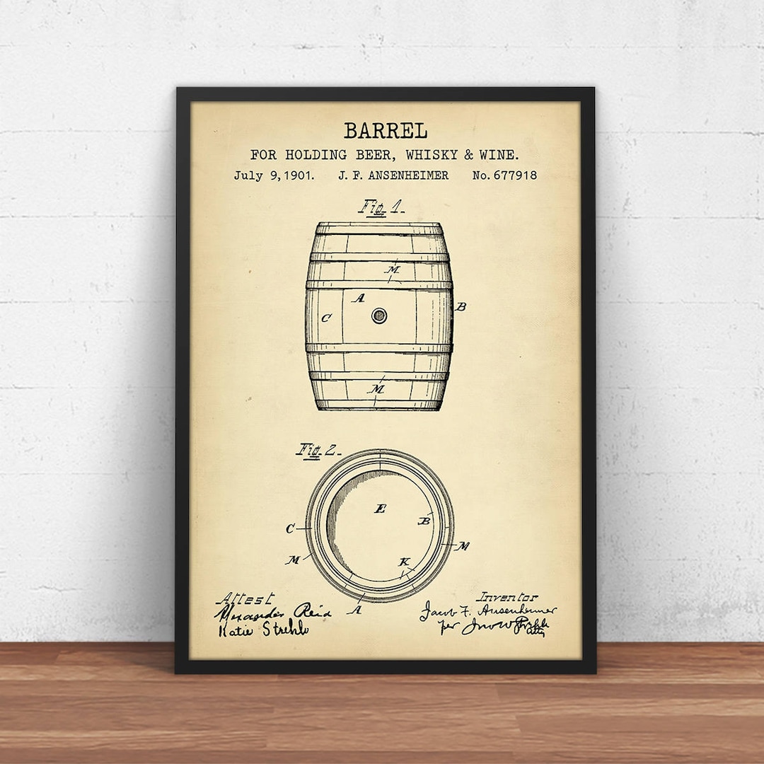 Barrel Blueprint Patent Art, Beer Whiskey Rum Brandy Liquor Alcohol ...