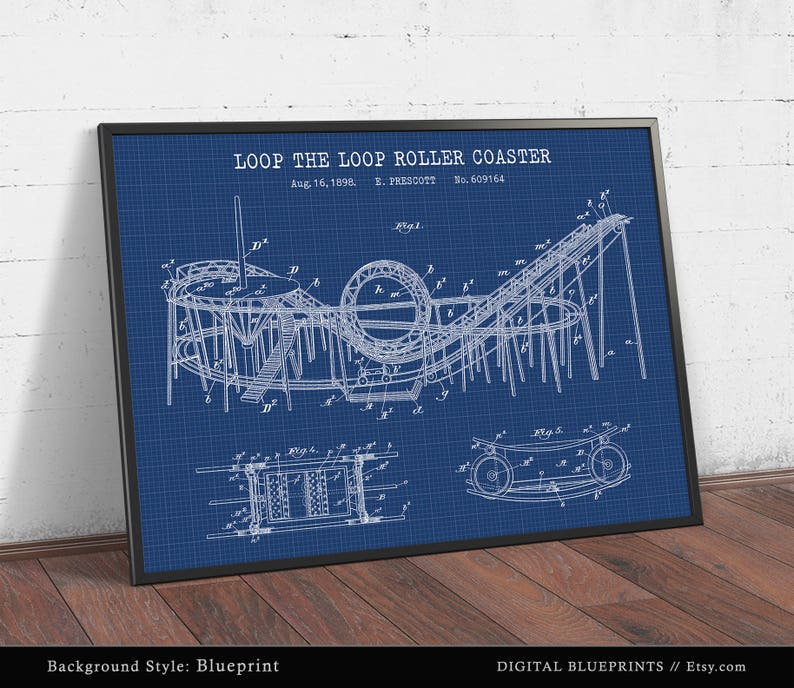 Roller Coaster Blueprint Art Loop the Loop Roller Coaster - Etsy